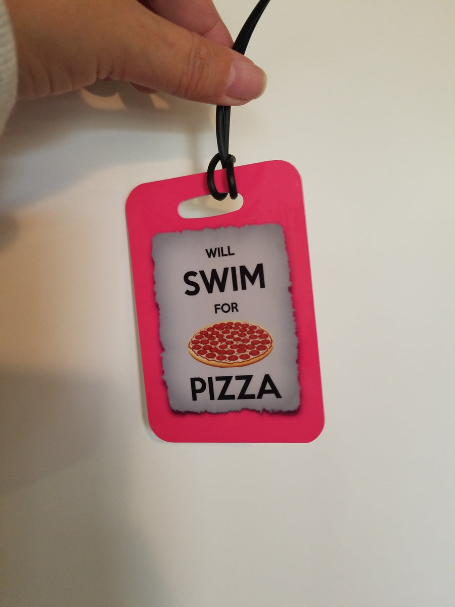 Swim Luggage Tag, Bag Tag, will Swim for PIZZA, Sport Bag Tag, Swim Te ...